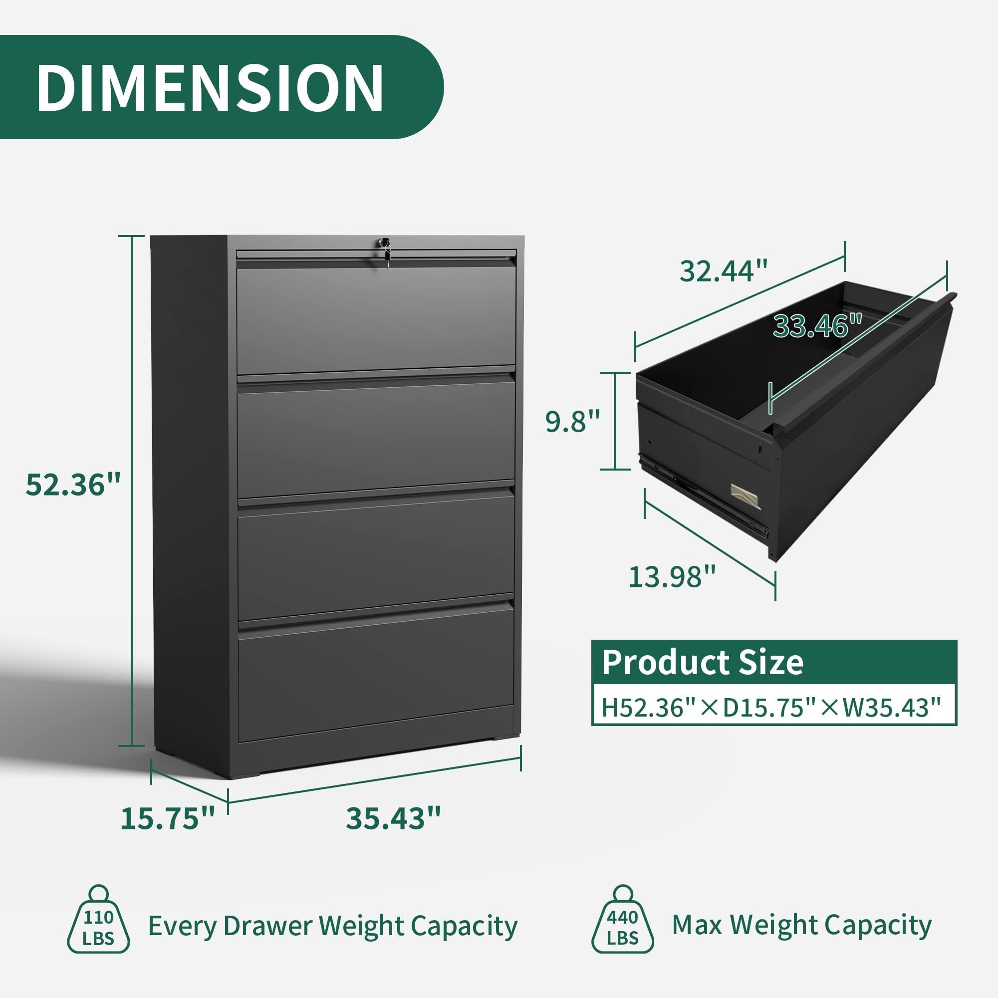 Yukimo Lateral File Cabinet with Lock, Metal File Cabinets for Home Office Legal/Letter A4 Size, File Cabinet with 4 Drawer Storage Cabinet, Black