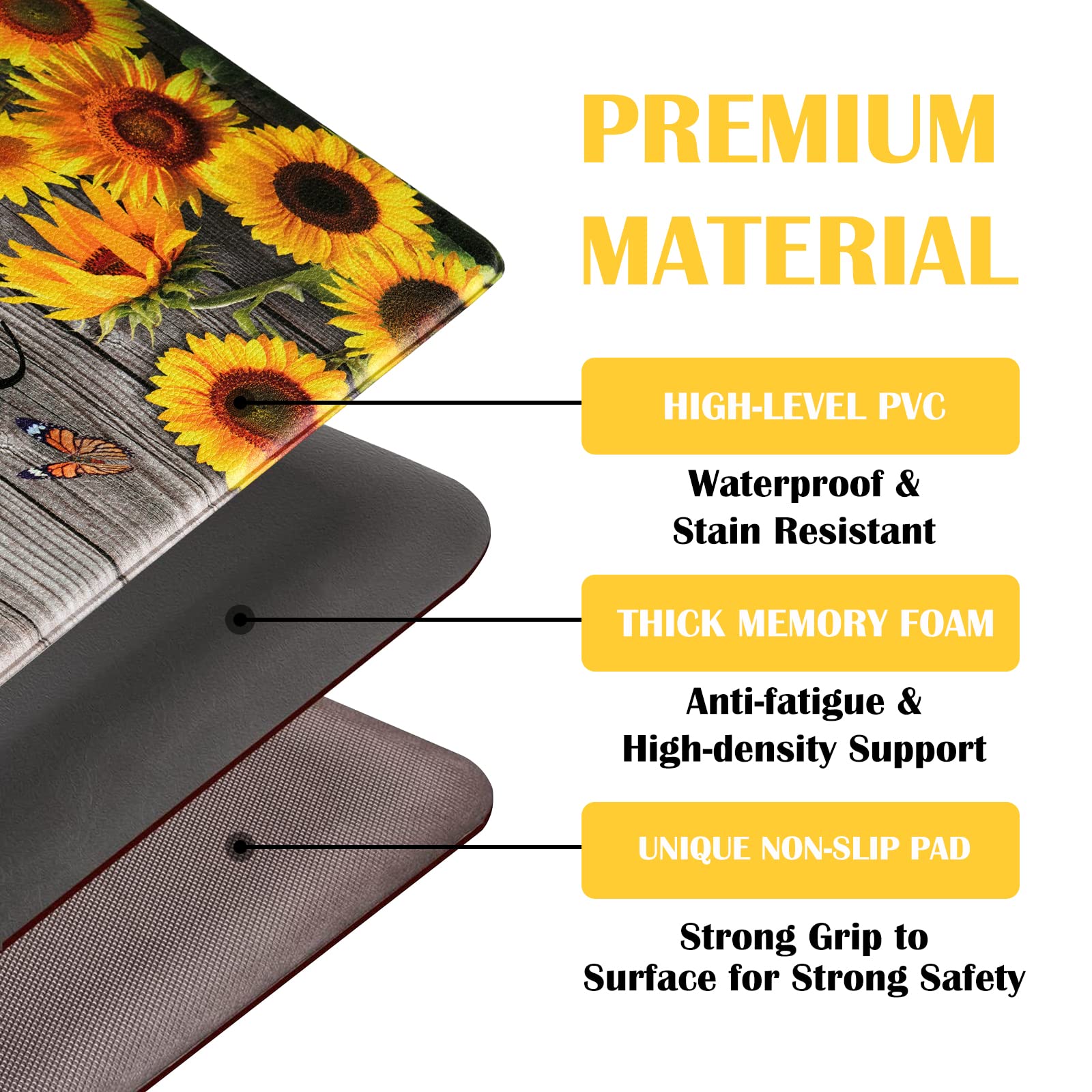 ASPMIZ 2 Piece Fall Sunflower Kitchen Mats Cushioned Anti-Fatigue Kitchen Rugs Non Slip Memory Foam Kitchen Mats and Rugs Waterproof Kitchen Floor Comfort Mats Fall Decors, 18'' x 48'' + 18'' x 30''