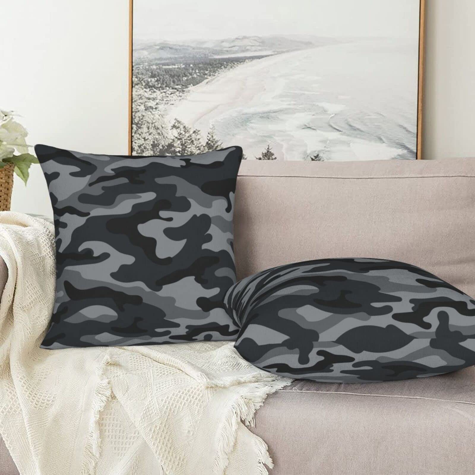Fiokroo Army Camouflage Throw Pillow Covers Set of 2 Black and Grey Camo Pillow Cushion Cases Square Pillowcases for Sofa Bedroom Living Room Car, 18 X 18 Inch