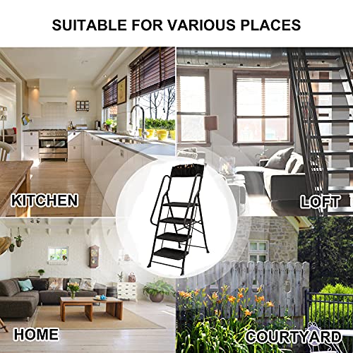 FOOWIN Step Ladder, 4 Step Folding Ladder with Handrails, Portable Steel Step Stool Wide Pedal Ladder Non-Slip Step Ladders for Home Office Kitchen with Detachable Tool Bag (4 Step)