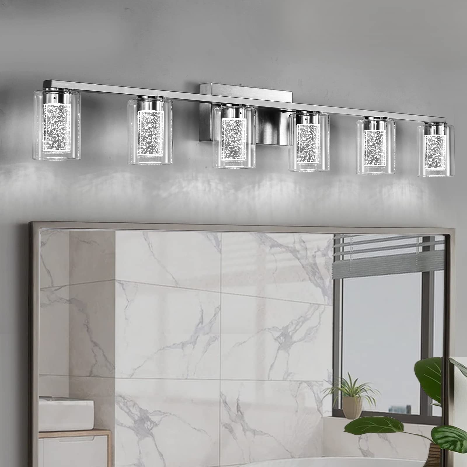 SADENICEL 6 Light Brushed Nickel Bathroom Light Fixtures, LED Vanity Lights Crystal White/Neutral/Warm Bathroom Lights Over Mirror for Bathroom, Bedroom,Living Room (6 Light)