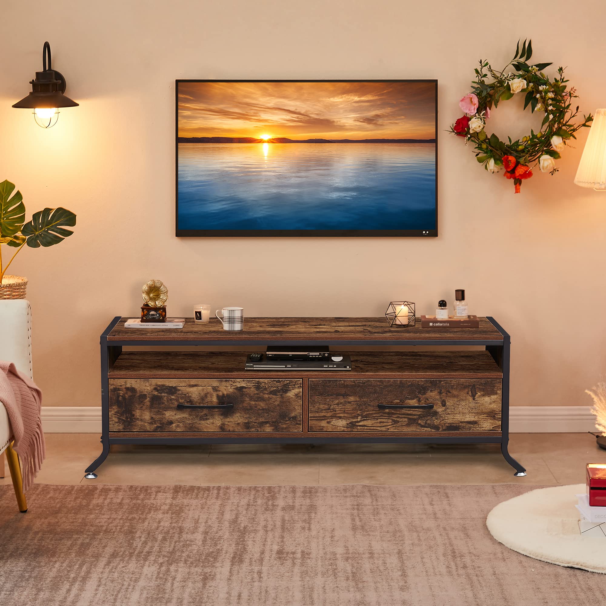 VECELO TV Stand for 55 Inch Industrial Entertainment Center Media Console Table with Storage Drawers for Living Room, 47.2 Inch, Brown