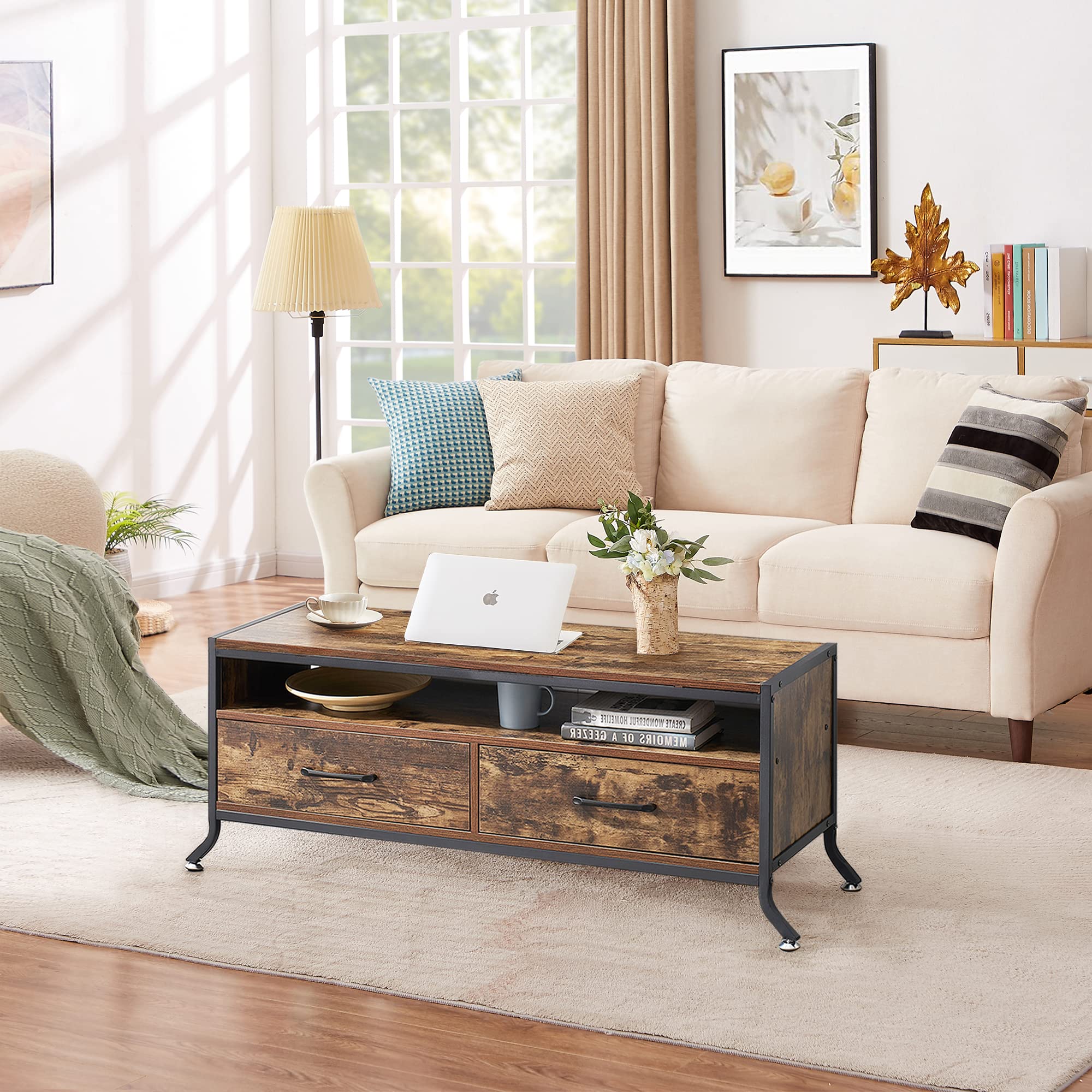 VECELO TV Stand for 55 Inch Industrial Entertainment Center Media Console Table with Storage Drawers for Living Room, 47.2 Inch, Brown