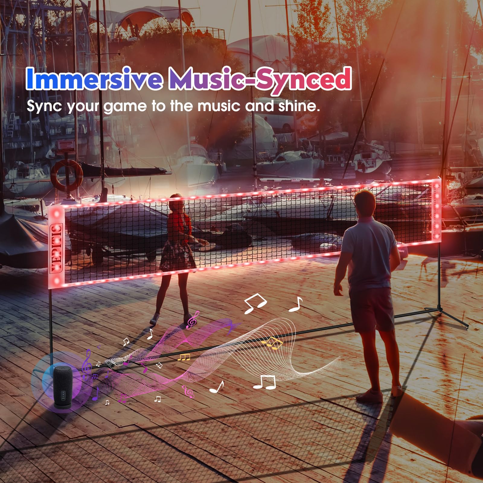 YepItIs LED Badminton Net, 17ft Light Up Portable Badminton Set with APP & Remote Control, Music Sync, Easy Setup Nylon Net with Poles for Badminton, Kids Volleyball, Pickleball (Badminton Net Set)