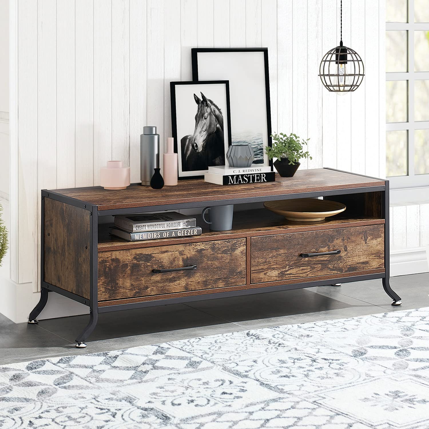 VECELO TV Stand for 55 Inch Industrial Entertainment Center Media Console Table with Storage Drawers for Living Room, 47.2 Inch, Brown