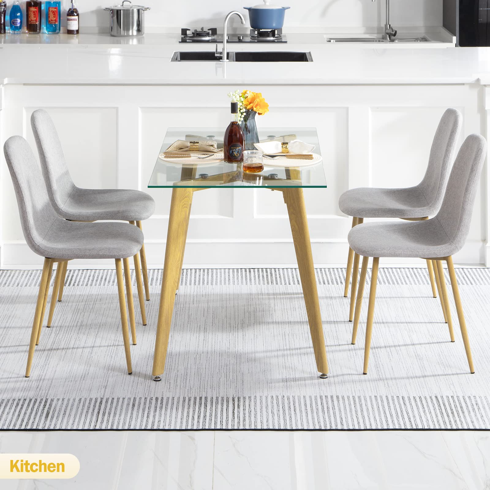Bacyion Glass Dining Table - 47 Inch Kitchen Table for 2 or 4, Modern Rectangle Dinner Tables with Metal Legs, Wood Skin, Small Dining Room Table for Apartment or Small Spaces,Easy Assembly, Natural