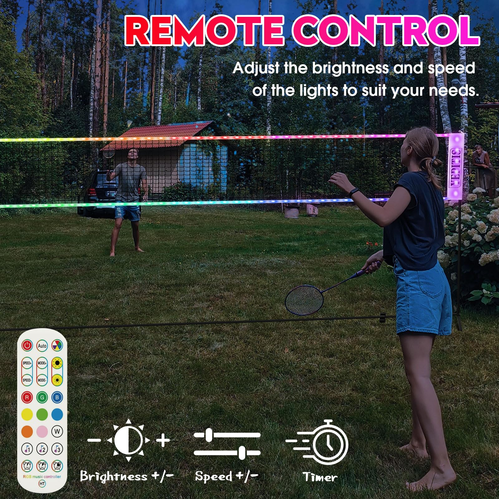 YepItIs LED Badminton Net, 17ft Light Up Portable Badminton Set with APP & Remote Control, Music Sync, Easy Setup Nylon Net with Poles for Badminton, Kids Volleyball, Pickleball (Badminton Net Set)