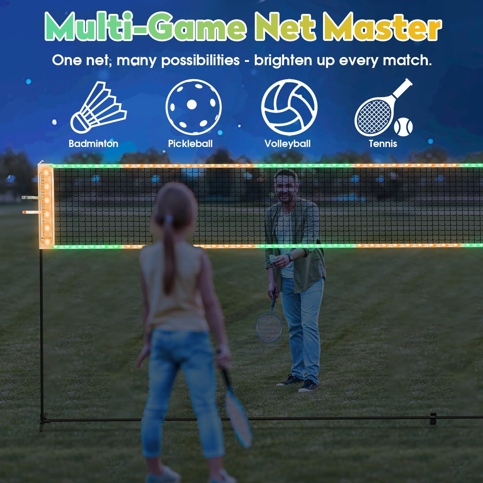 YepItIs LED Badminton Net, 17ft Light Up Portable Badminton Set with APP & Remote Control, Music Sync, Easy Setup Nylon Net with Poles for Badminton, Kids Volleyball, Pickleball (Badminton Net Set)