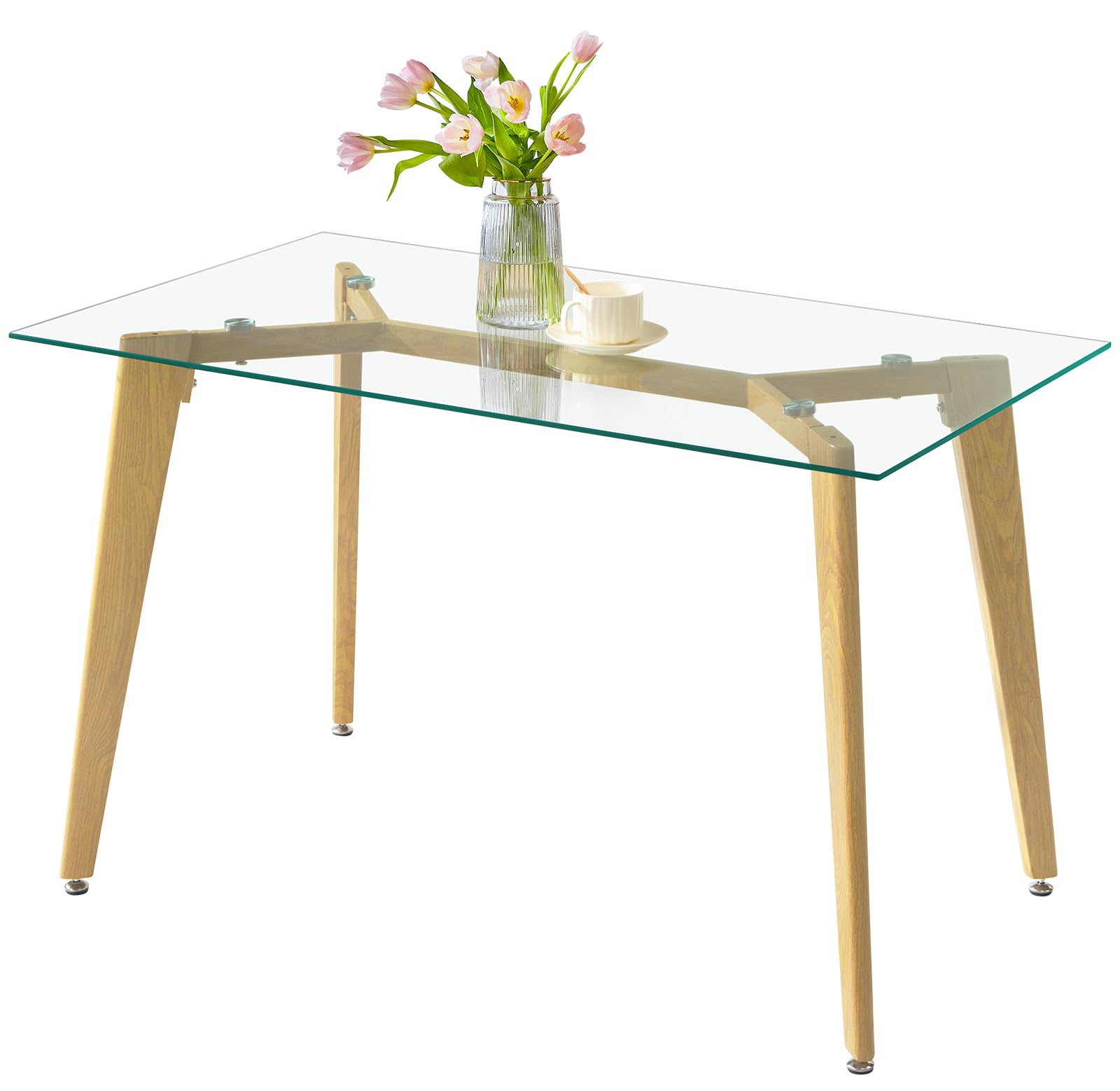 Bacyion Glass Dining Table - 47 Inch Kitchen Table for 2 or 4, Modern Rectangle Dinner Tables with Metal Legs, Wood Skin, Small Dining Room Table for Apartment or Small Spaces,Easy Assembly, Natural