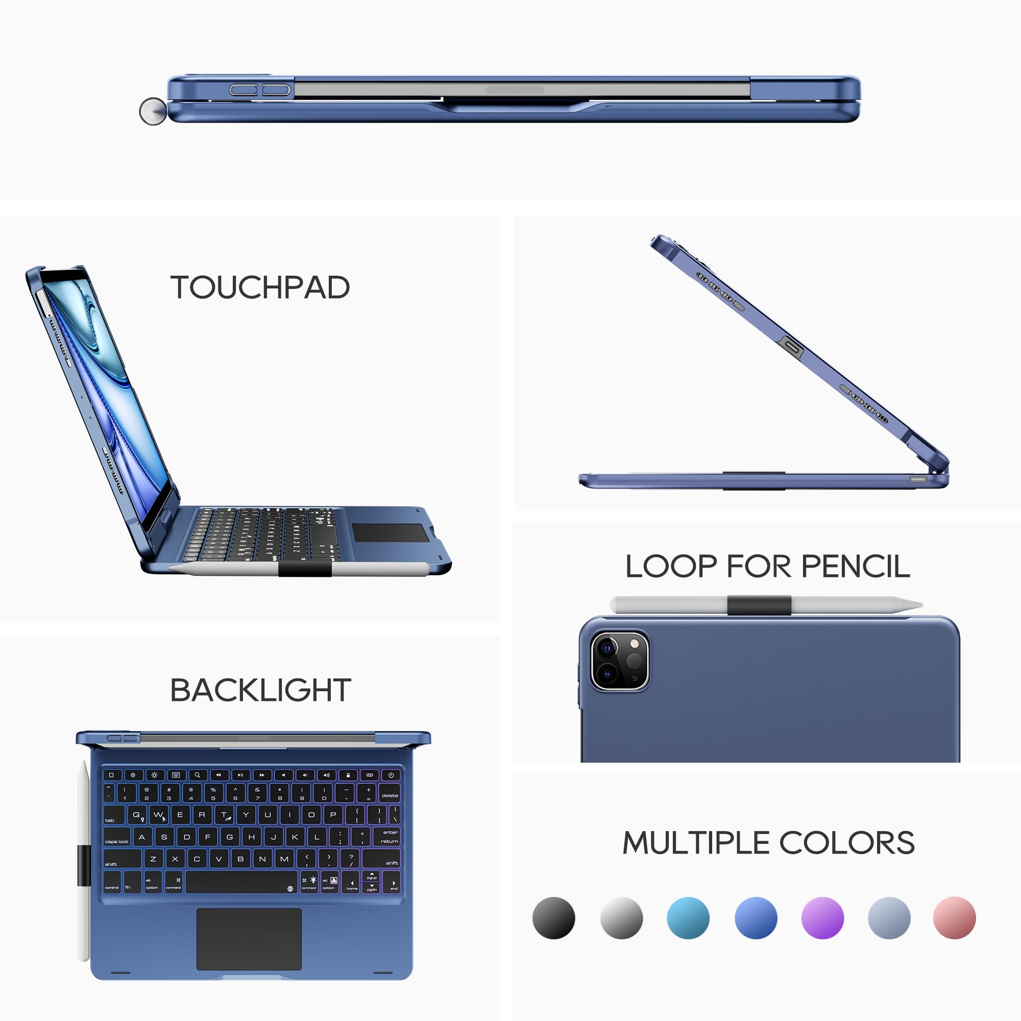 edaiser Swivel Keyboard Case for Apple iPad Air 11 inch (M3-M2) 2025 & iPad Air 5th 4th Gen& iPad Pro 11-inch (4th-1st); Rotatable Cover with Pencil Holder, Trackpad, Backlit, Metallic Blue