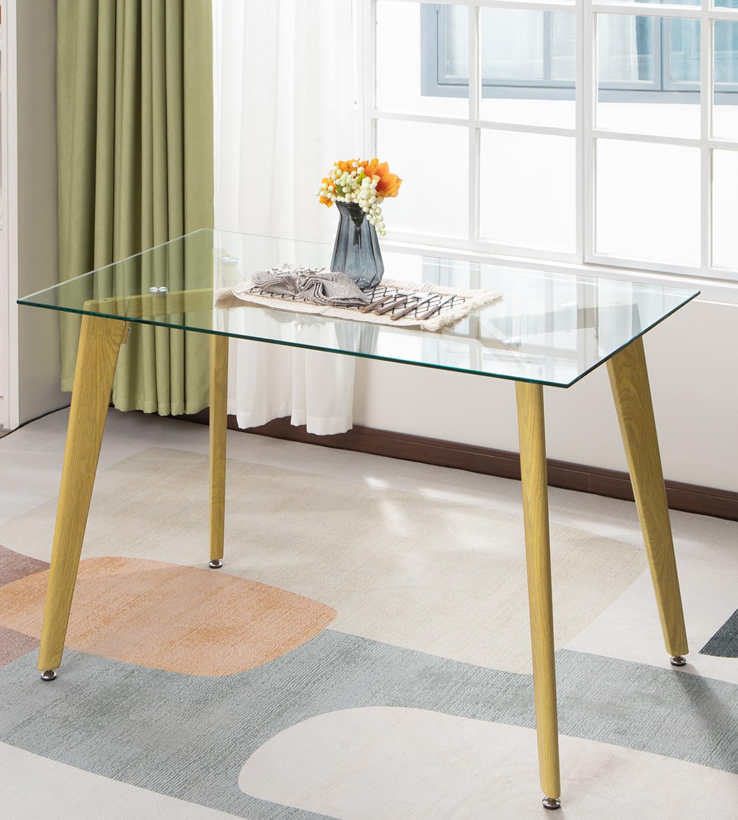 Bacyion Glass Dining Table - 47 Inch Kitchen Table for 2 or 4, Modern Rectangle Dinner Tables with Metal Legs, Wood Skin, Small Dining Room Table for Apartment or Small Spaces,Easy Assembly, Natural