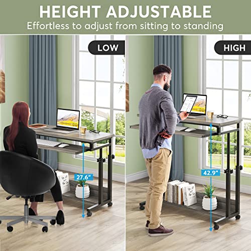 LITTLE TREE Portable Rolling Desk, Adjustable Height Small Standing Desk Computer Workstation with Keyboard Tray for Small Space