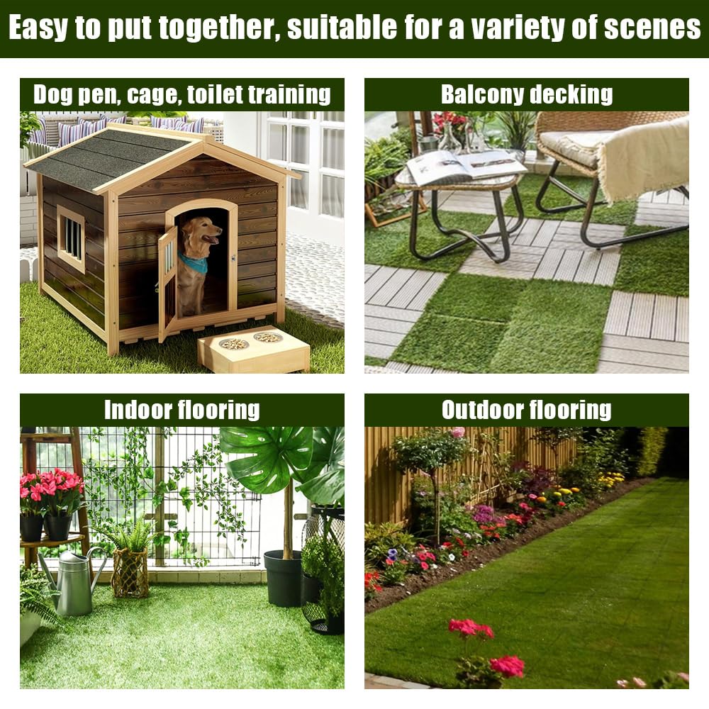 Qingbei Rina Artificial Grass Turf Tiles Interlocking for Dogs Potty,(12"x12"-9 Pack) Outdoor Fake Grass Mat Squares for Balcony,Self-draining Flooring