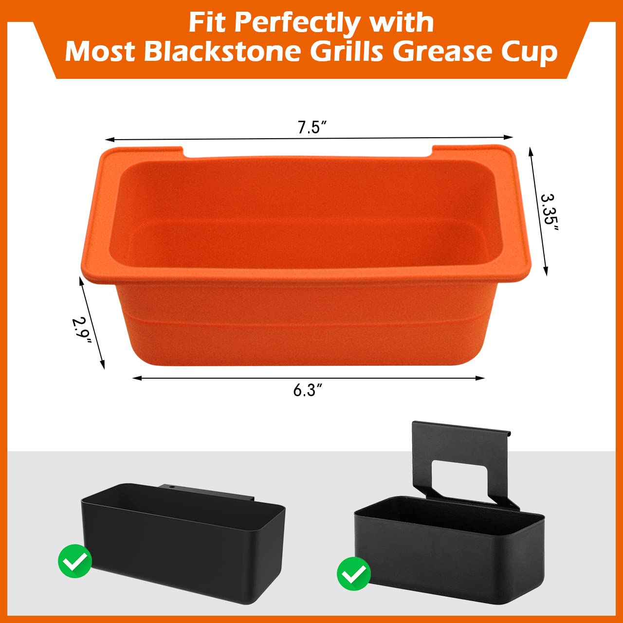 Winceed 2Pcs Silicone Liners for Blackstone Grill Grease Cup, Reusable Silicone Grease Drip Pans, Blackstone Griddle Grease Catcher, 8'' x 3'' x 3.7'', Black+Orange