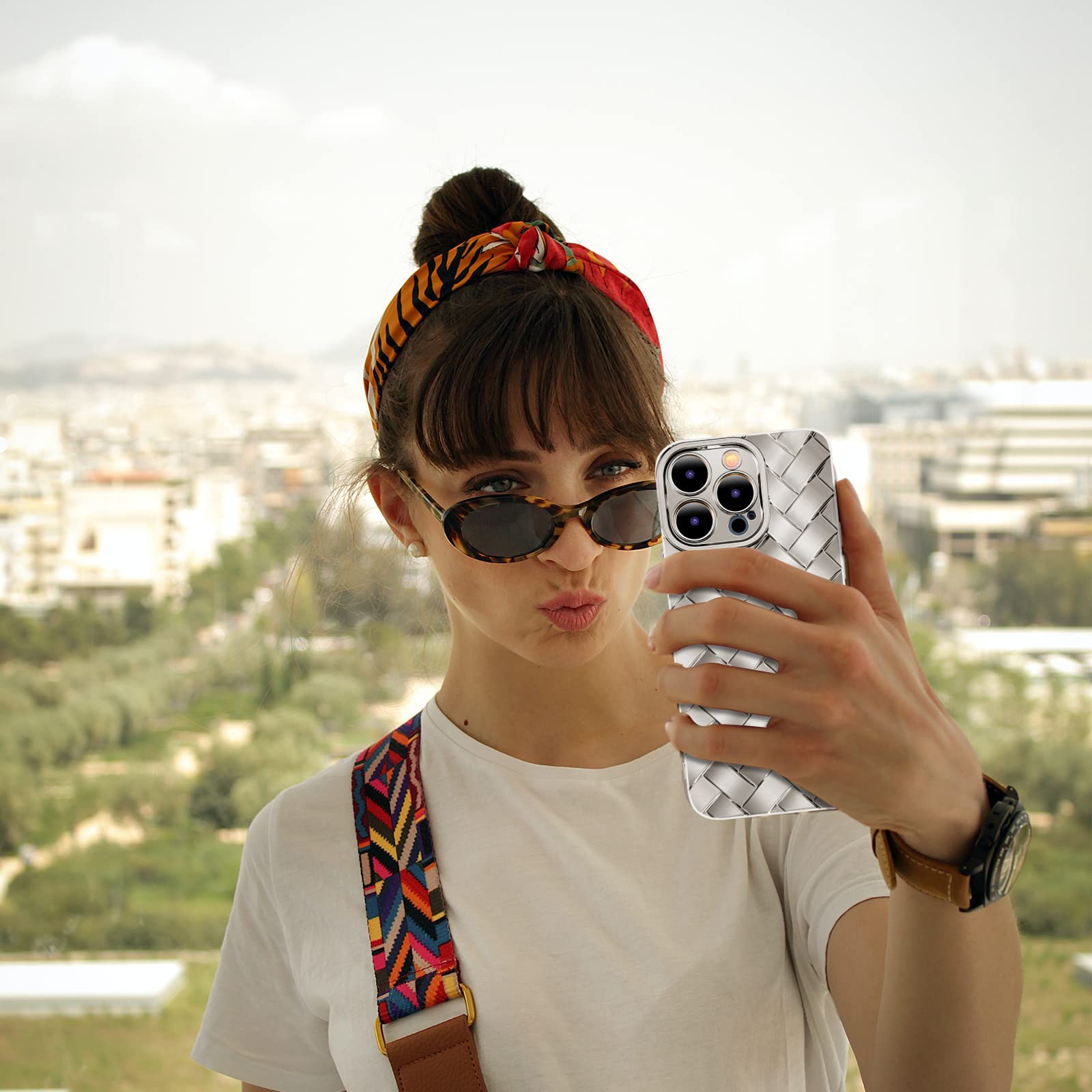 MGQILING Compatible with iPhone 13 Pro Max Case-6.7 Inch, Fashion 3D Woven Pattern Plating Phone Case, Grid Printed case for Women Girls Soft Silicone Shockproof Camera Protective Back Cover-Silver