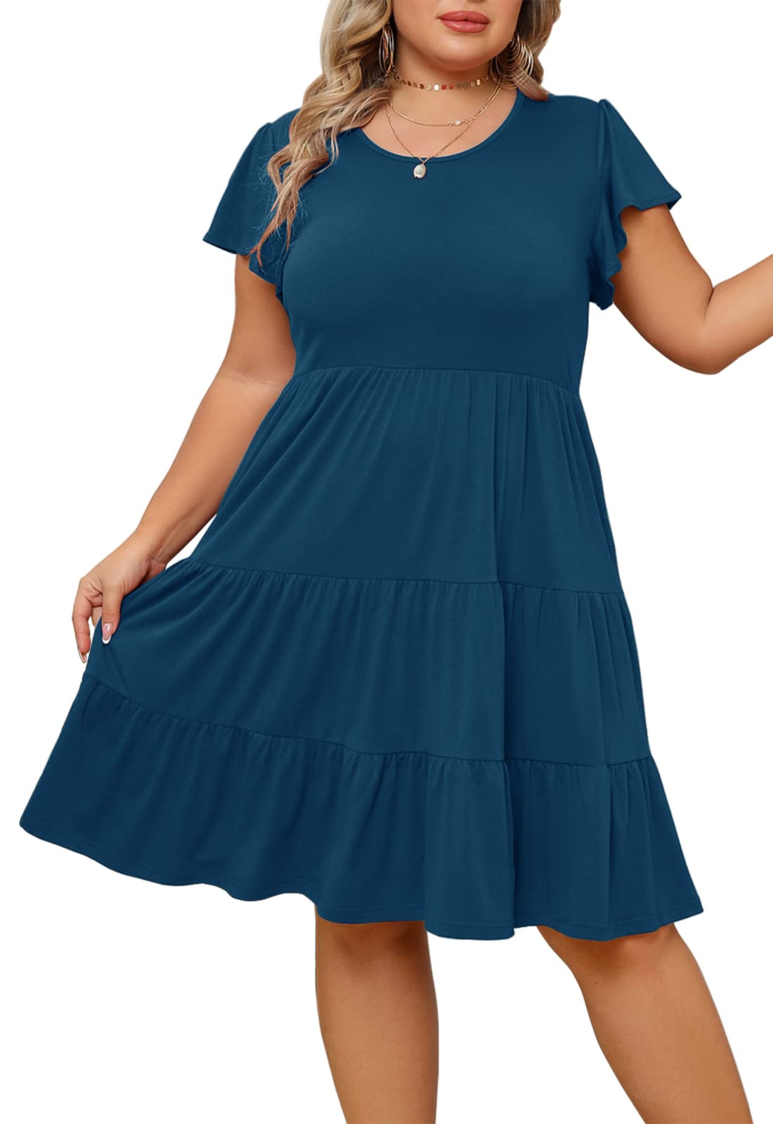 Younrui Women's Plus Size Solid Ruffle Beach Dress Flowy Tiered Aline Babydoll Casual Summer Boho Dress with Pockets (2XL-1005-Deep Blue)