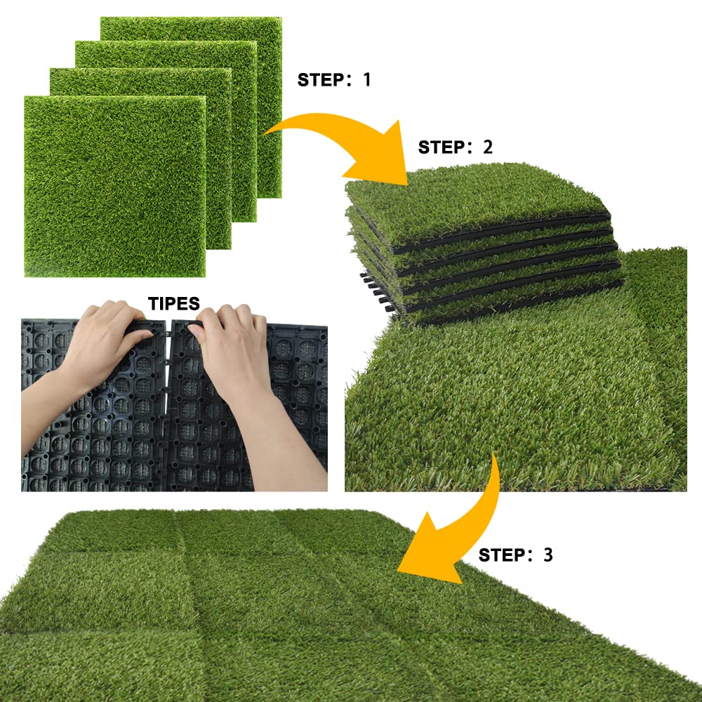 Qingbei Rina Artificial Grass Turf Tiles Interlocking for Dogs Potty,(12"x12"-9 Pack) Outdoor Fake Grass Mat Squares for Balcony,Self-draining Flooring