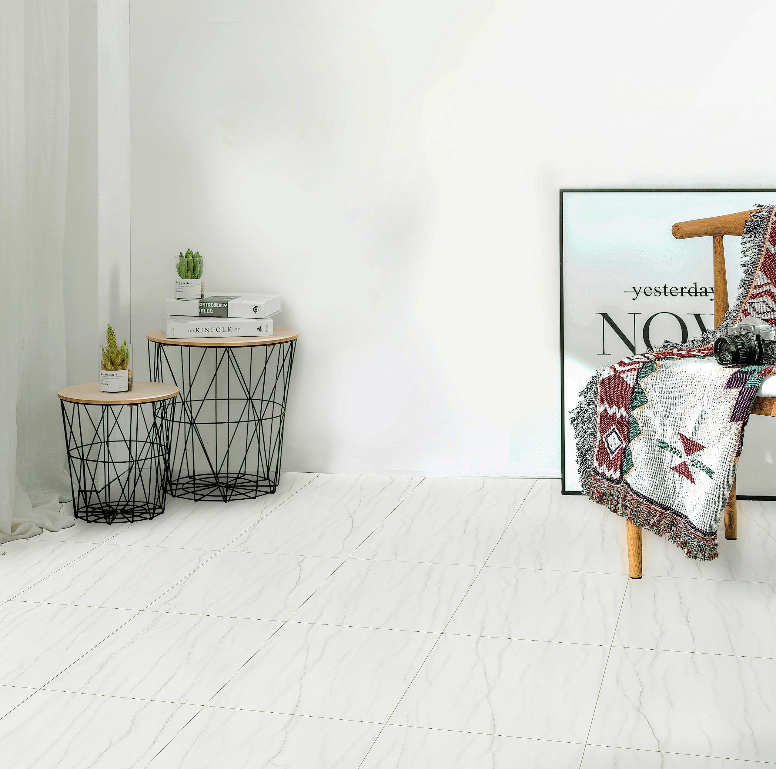 Peel and Stick Floor Tile Vinyl Flooring Peel and Stick Flooring White Marble Self Adhesive Floor Tile for Bathroom and Bedroom Marble Look 12x12 Inch (12 PCS)