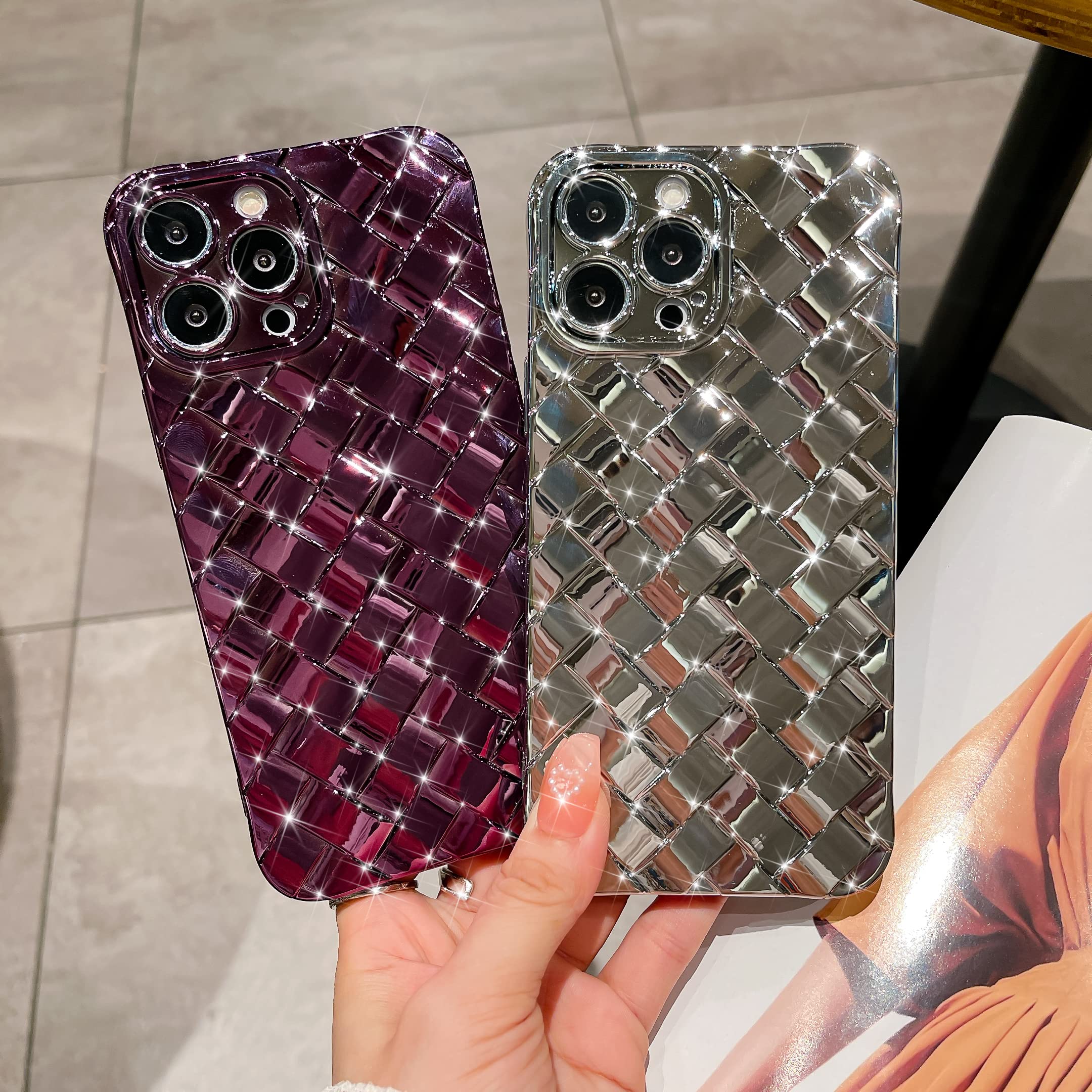 MGQILING Compatible with iPhone 13 Pro Max Case-6.7 Inch, Fashion 3D Woven Pattern Plating Phone Case, Grid Printed case for Women Girls Soft Silicone Shockproof Camera Protective Back Cover-Silver