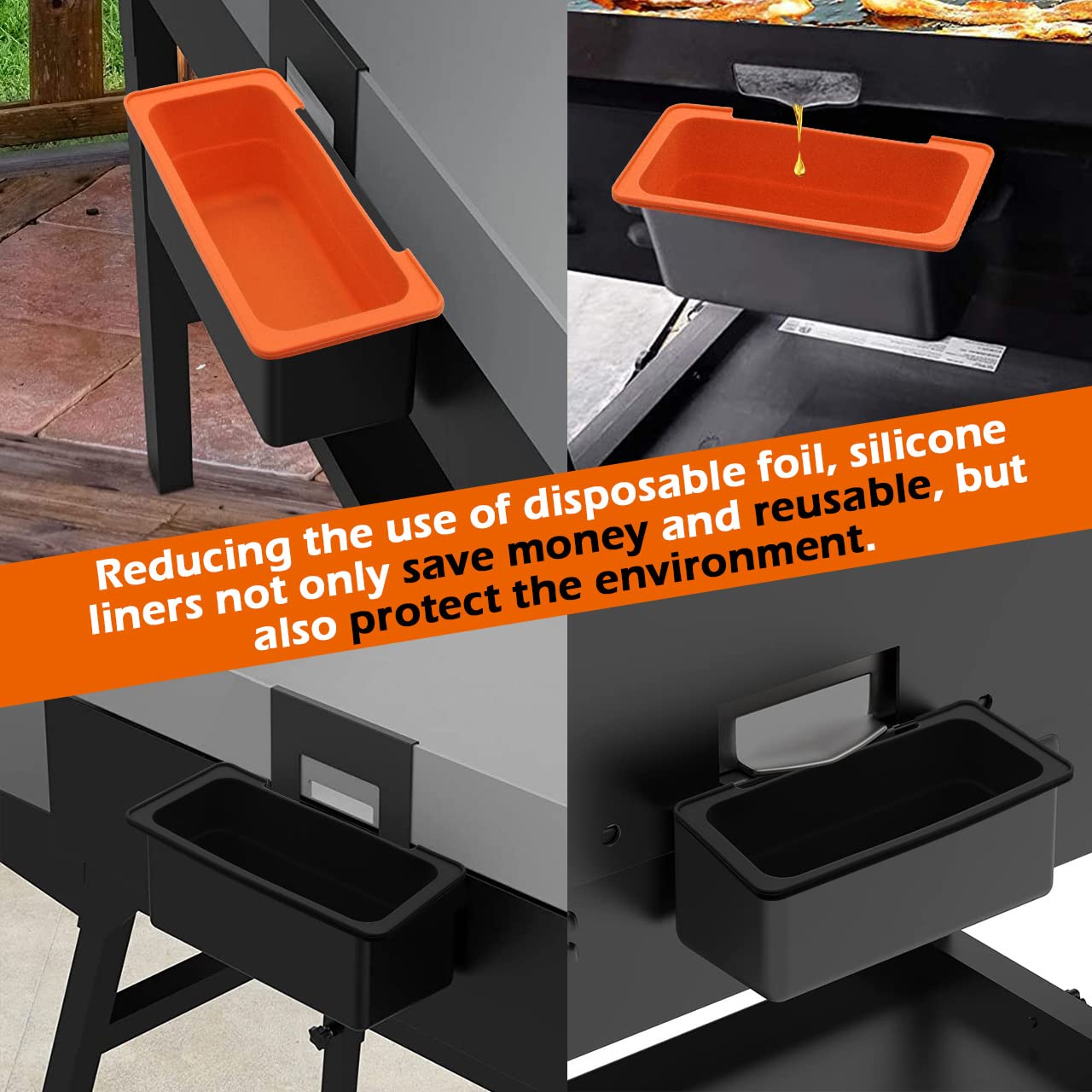 Winceed 2Pcs Silicone Liners for Blackstone Grill Grease Cup, Reusable Silicone Grease Drip Pans, Blackstone Griddle Grease Catcher, 8'' x 3'' x 3.7'', Black+Orange