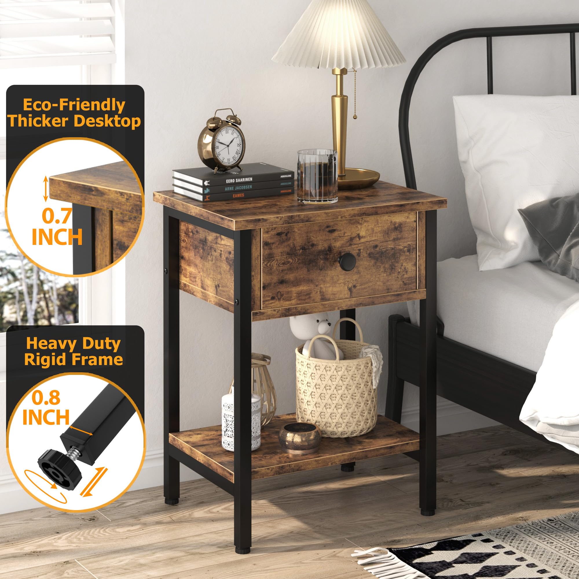 Night Stand Set of 2, Bedside Table with Drawers, Modern End Side Table with Storage Shelves, Versatile Nightstands for Bedroom Living Room Sofa Couch, Wood Metal Bedroom Furniture, Rustic Brown