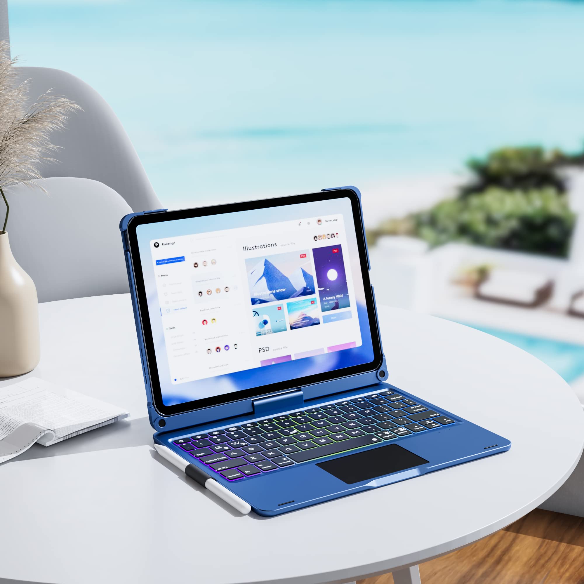 edaiser Swivel Keyboard Case for Apple iPad Air 11 inch (M3-M2) 2025 & iPad Air 5th 4th Gen& iPad Pro 11-inch (4th-1st); Rotatable Cover with Pencil Holder, Trackpad, Backlit, Metallic Blue