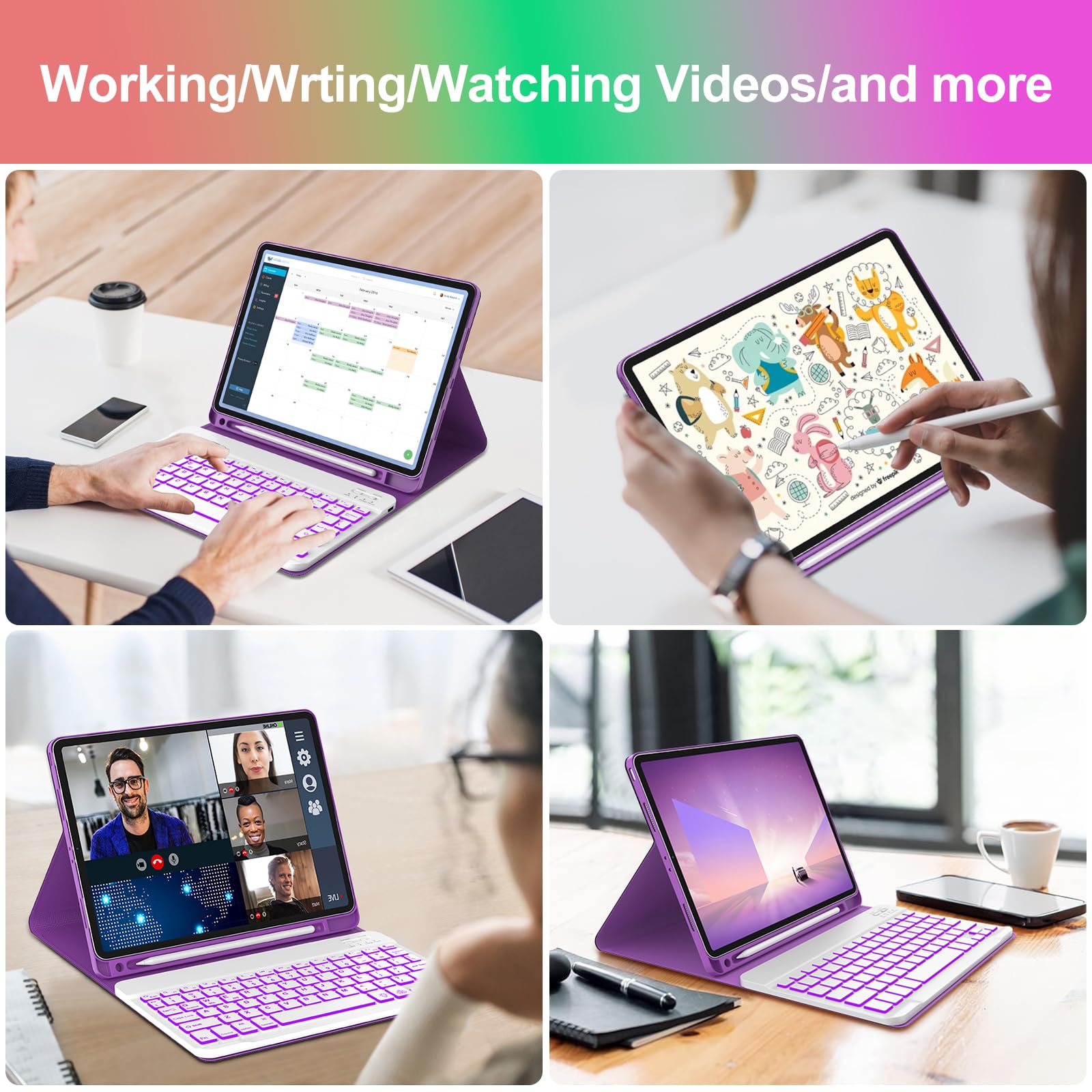 iPad Air 5th 2022/Air 4th 2020 Generation Case with Keyboard 10.9 Inch, 7 Colors Backlit- Detachable Bluetooth Keyboard- Slim Folio Stand with Pencil Holder for Pro 11 Inch 4th/3rd/2nd/1st Gen, Purple