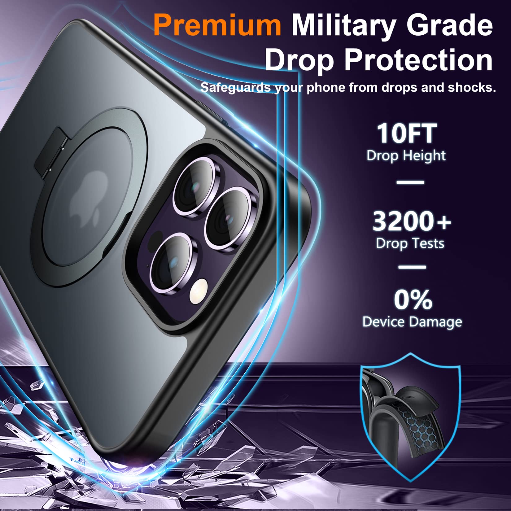 SPIDERCASE Magnetic for iPhone 14 Pro Max Phone Case,Built-in Invisible Stand [Compatible for Magsafe] Military Grade Shockproof [2 Pack Tempered Glass Screen Protector] Translucent Matte Case,Black