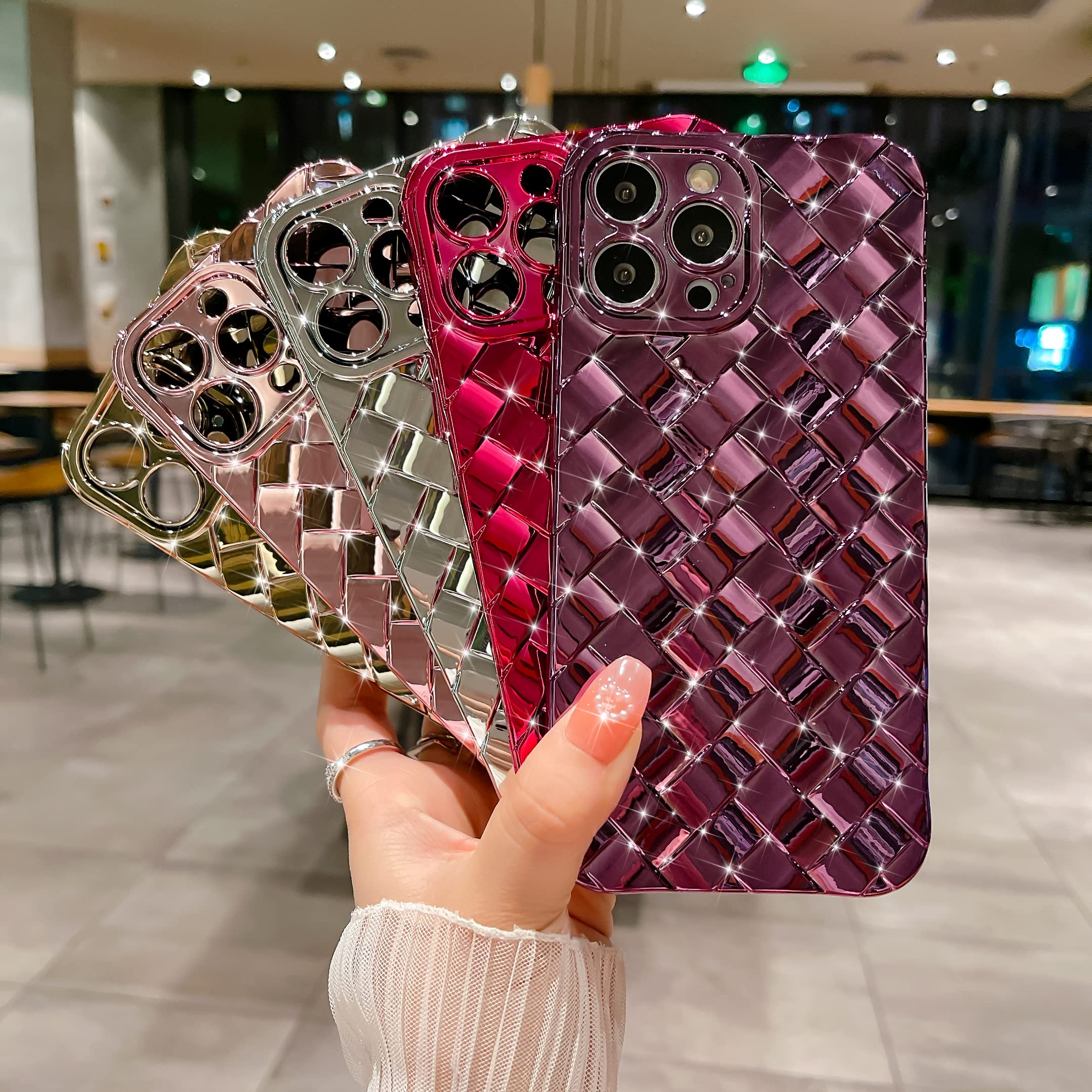 MGQILING Compatible with iPhone 13 Pro Max Case-6.7 Inch, Fashion 3D Woven Pattern Plating Phone Case, Grid Printed case for Women Girls Soft Silicone Shockproof Camera Protective Back Cover-Silver
