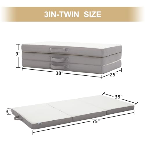 Lazyzizi Foldable Mattress, 3 Inch Memory Foam Trifold Mattress with Breathable & Washable Bamboo Fiber Fabric Cover, Folding Floor Mattress Guest Bed for Camping, Road Trip, Twin