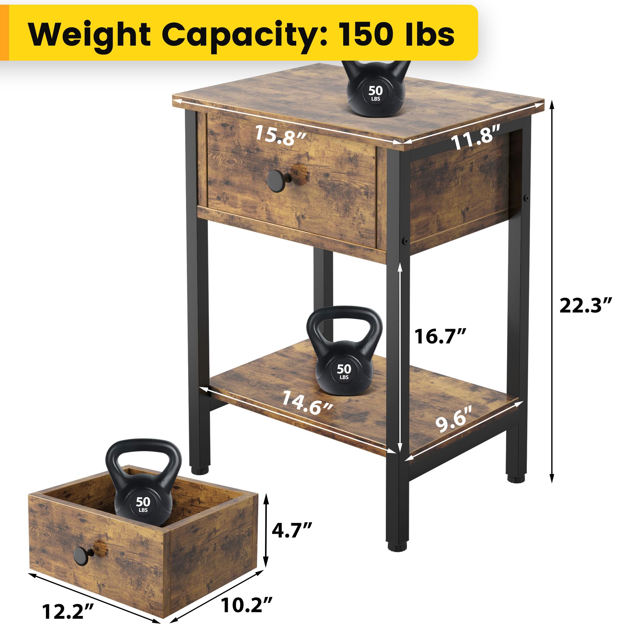 Night Stand Set of 2, Bedside Table with Drawers, Modern End Side Table with Storage Shelves, Versatile Nightstands for Bedroom Living Room Sofa Couch, Wood Metal Bedroom Furniture, Rustic Brown
