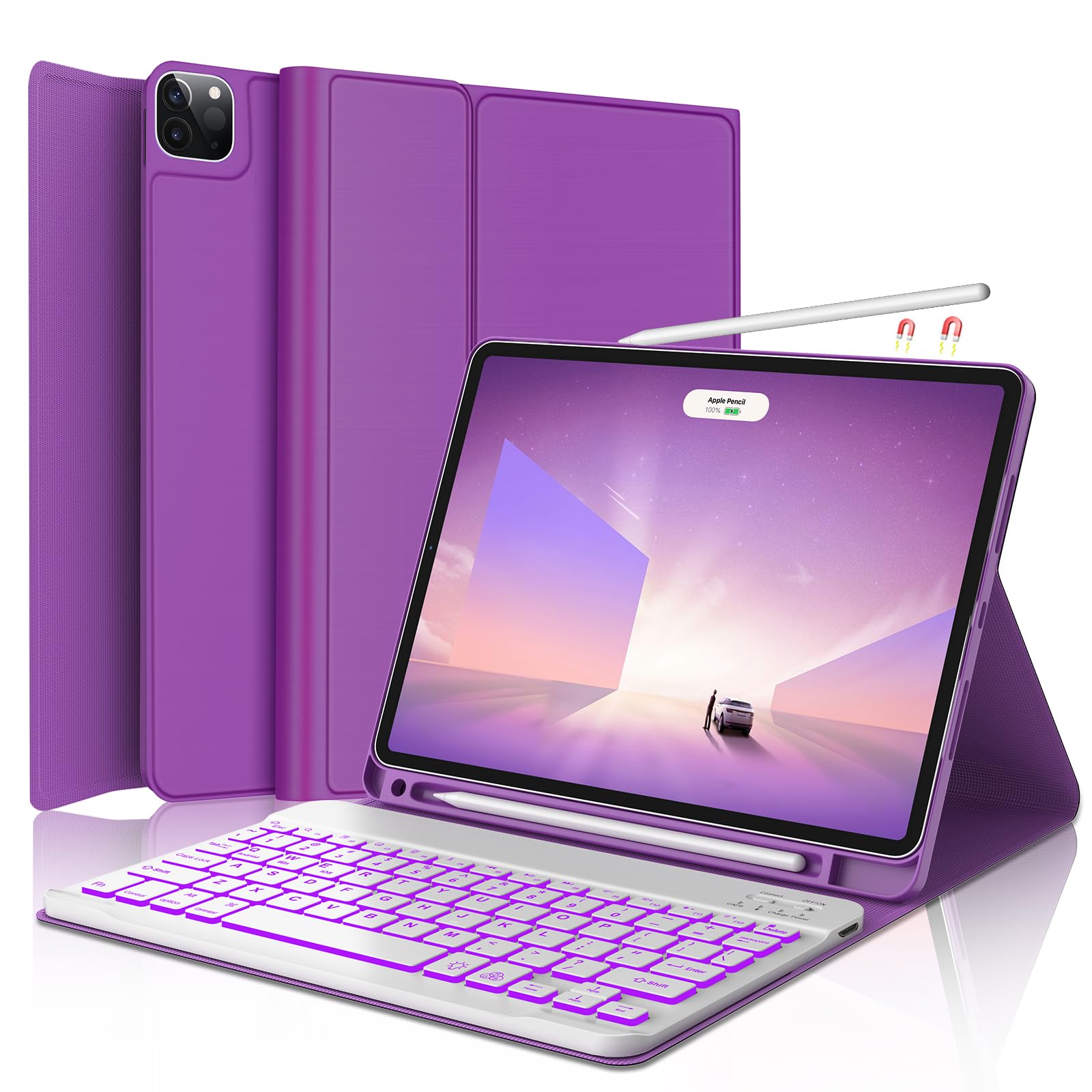 iPad Air 5th 2022/Air 4th 2020 Generation Case with Keyboard 10.9 Inch, 7 Colors Backlit- Detachable Bluetooth Keyboard- Slim Folio Stand with Pencil Holder for Pro 11 Inch 4th/3rd/2nd/1st Gen, Purple