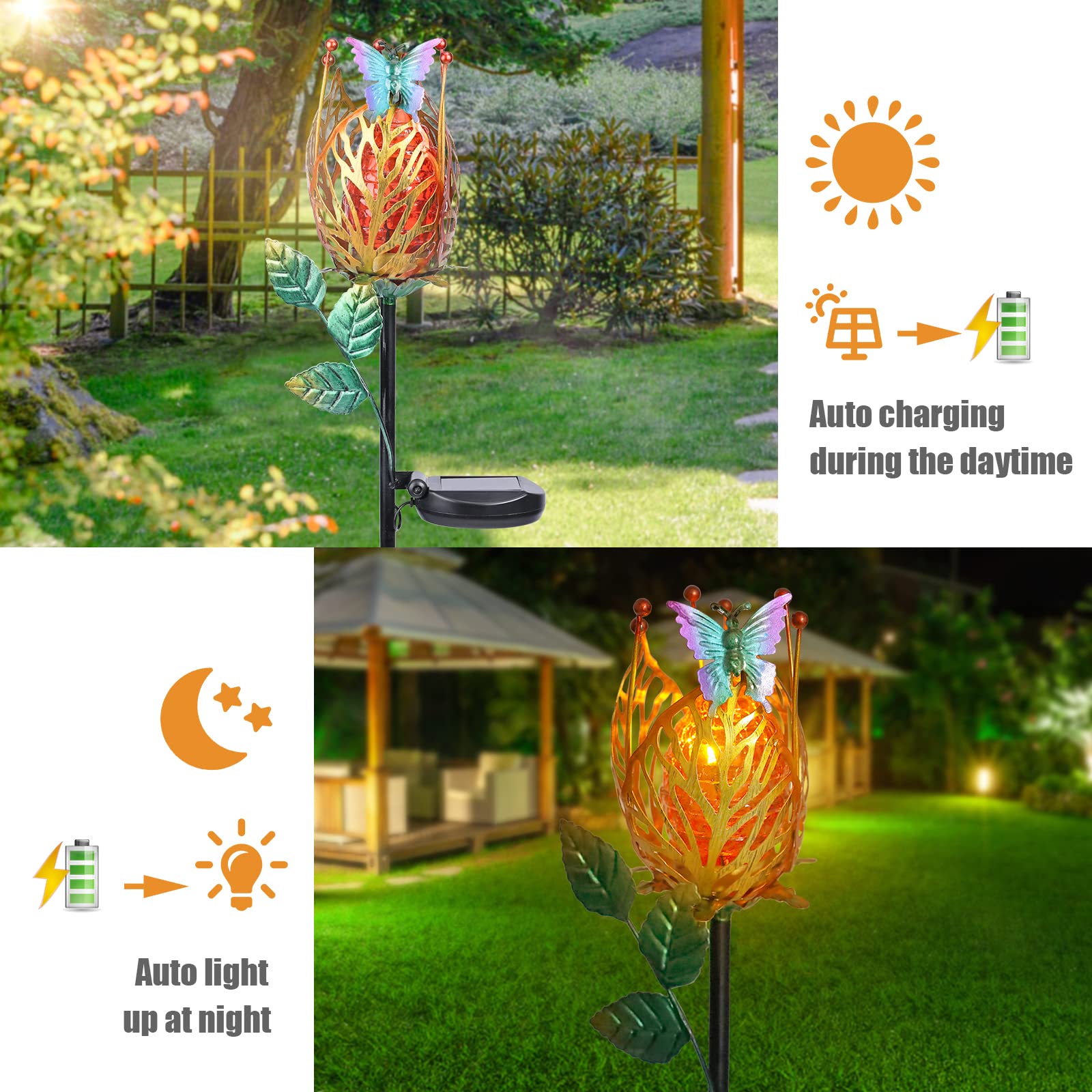 Solar Garden Lights Outdoor Decorative - Flower Solar Garden Stake Lights with Butterfly Landscape Path Lights Waterproof Solar Pathway Lights for Garden, Lawn, Patio, Yard Decorative(Yellow)