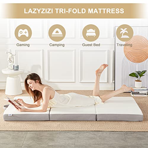 Lazyzizi Foldable Mattress, 3 Inch Memory Foam Trifold Mattress with Breathable & Washable Bamboo Fiber Fabric Cover, Folding Floor Mattress Guest Bed for Camping, Road Trip, Twin