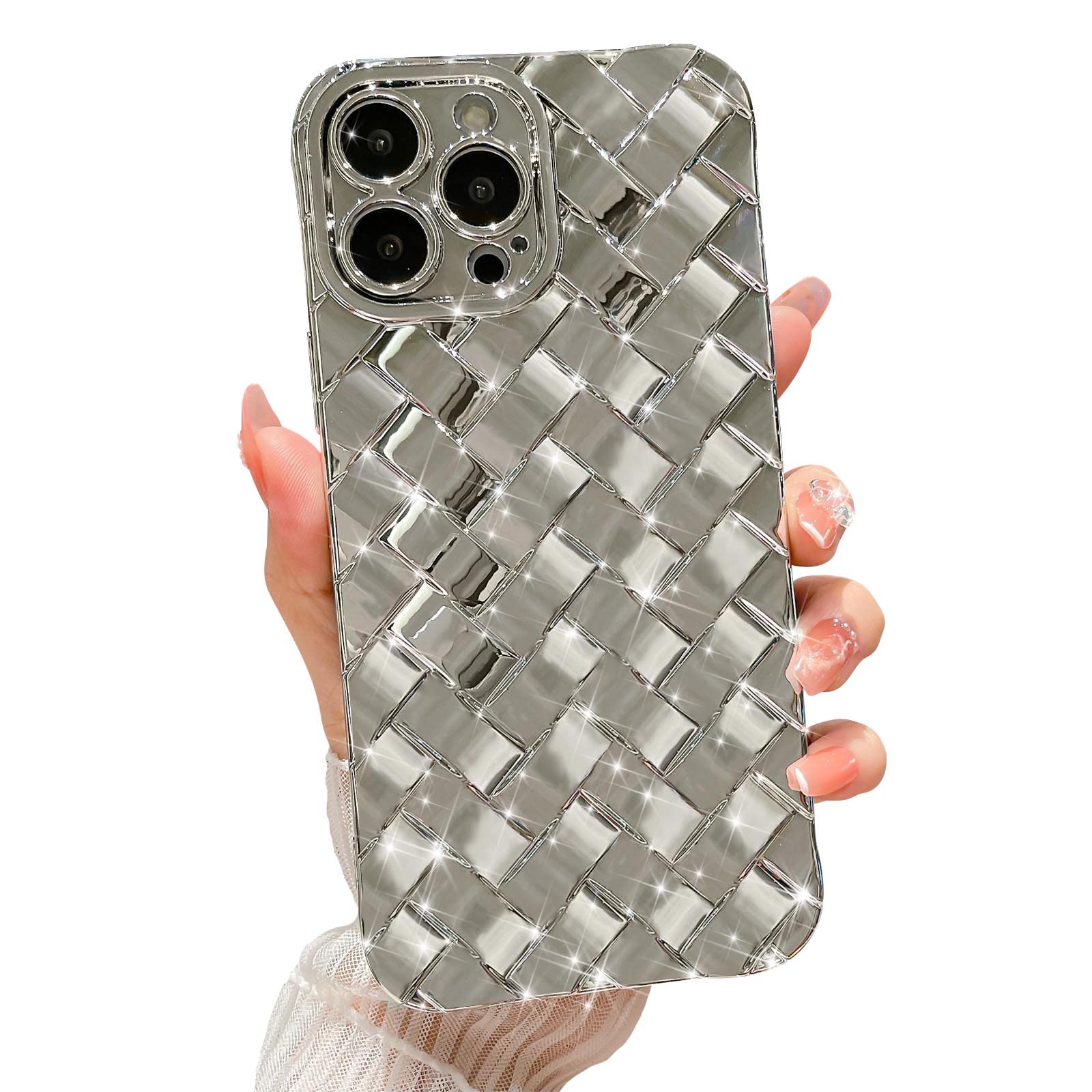 MGQILING Compatible with iPhone 13 Pro Max Case-6.7 Inch, Fashion 3D Woven Pattern Plating Phone Case, Grid Printed case for Women Girls Soft Silicone Shockproof Camera Protective Back Cover-Silver