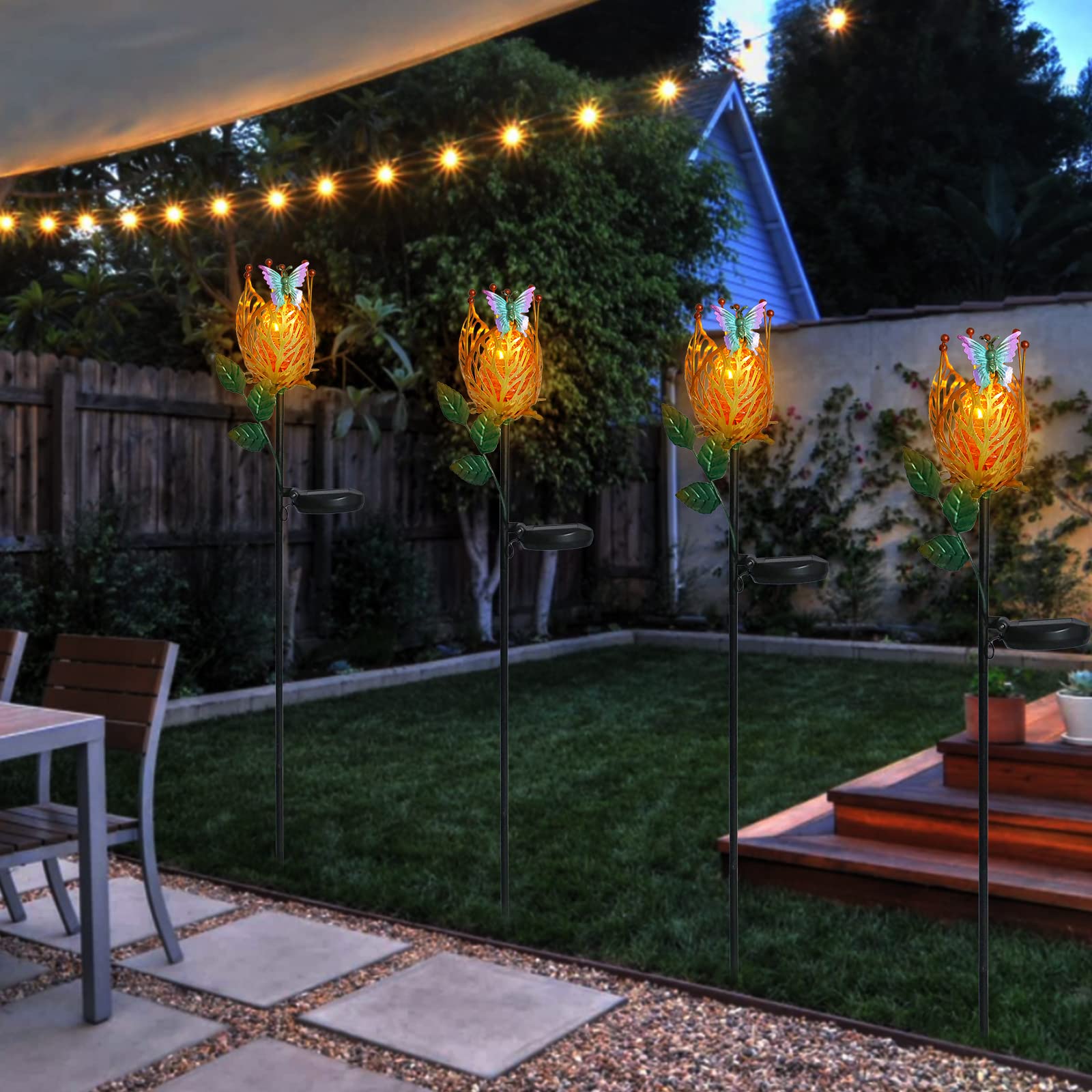 Solar Garden Lights Outdoor Decorative - Flower Solar Garden Stake Lights with Butterfly Landscape Path Lights Waterproof Solar Pathway Lights for Garden, Lawn, Patio, Yard Decorative(Yellow)