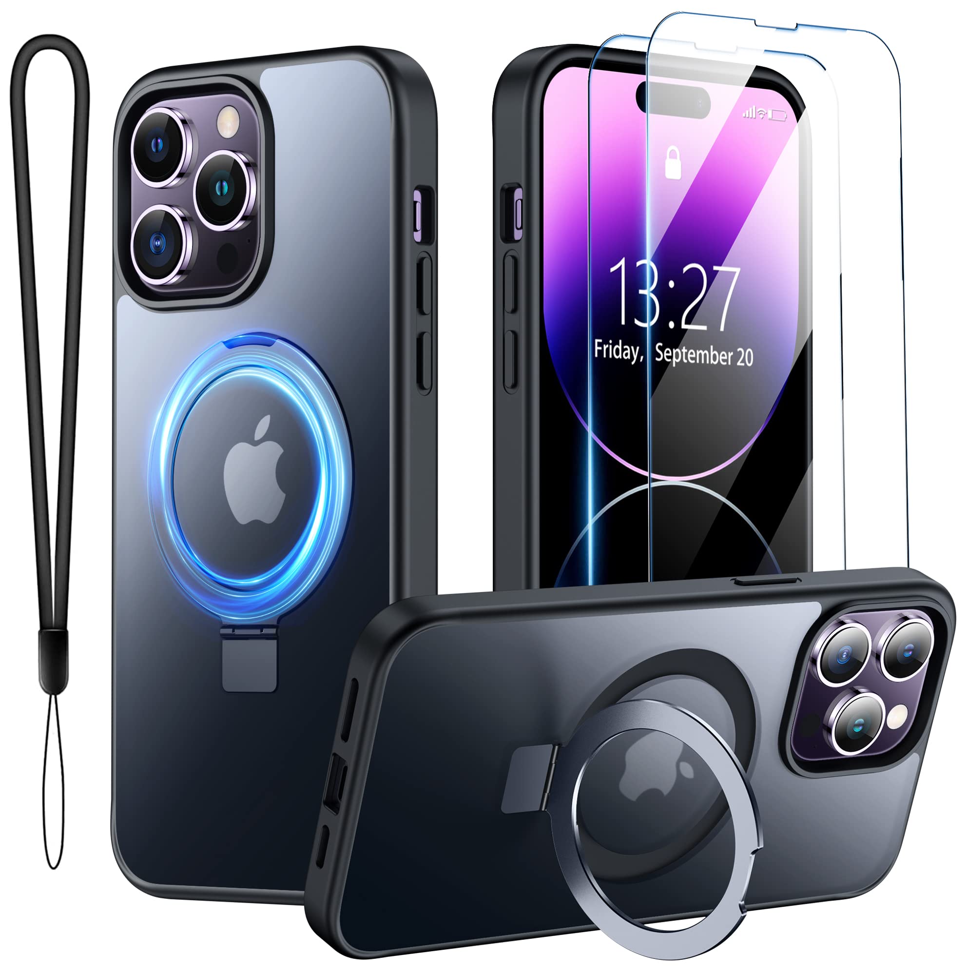SPIDERCASE Magnetic for iPhone 14 Pro Max Phone Case,Built-in Invisible Stand [Compatible for Magsafe] Military Grade Shockproof [2 Pack Tempered Glass Screen Protector] Translucent Matte Case,Black