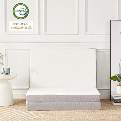 Lazyzizi Foldable Mattress, 3 Inch Memory Foam Trifold Mattress with Breathable & Washable Bamboo Fiber Fabric Cover, Folding Floor Mattress Guest Bed for Camping, Road Trip, Twin
