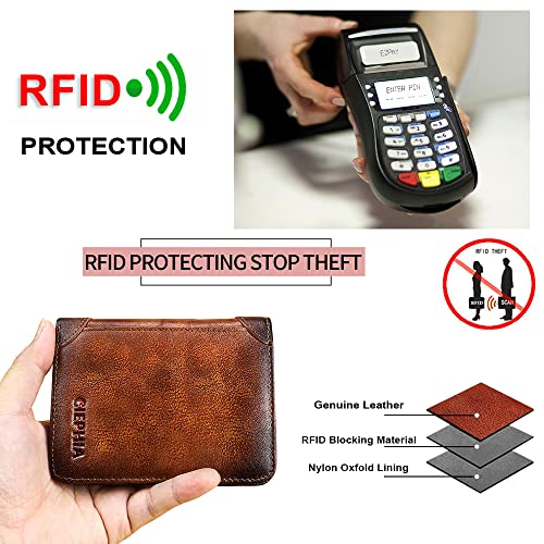 Ciephia RFID Blocking Trifold Genuine Leather Wallets for Men, Vintage Short Multi Function Credit Card Holder,Money Clips with 2 ID Windows Give Gifts to Men (Brown)