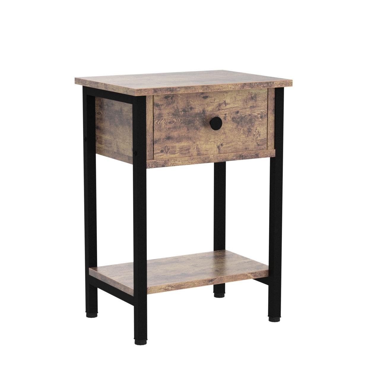 Night Stand Set of 2, Bedside Table with Drawers, Modern End Side Table with Storage Shelves, Versatile Nightstands for Bedroom Living Room Sofa Couch, Wood Metal Bedroom Furniture, Rustic Brown