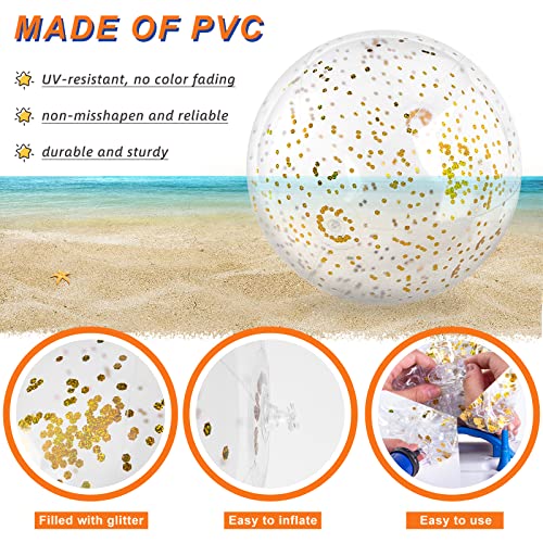 AMOR PRESENT 2PCS Inflatable Beach Balls, Glitter Beach Ball 16 Inch Clear Inflatable Ball with Gold Confetti for Kids Birthday Summer Pool Party