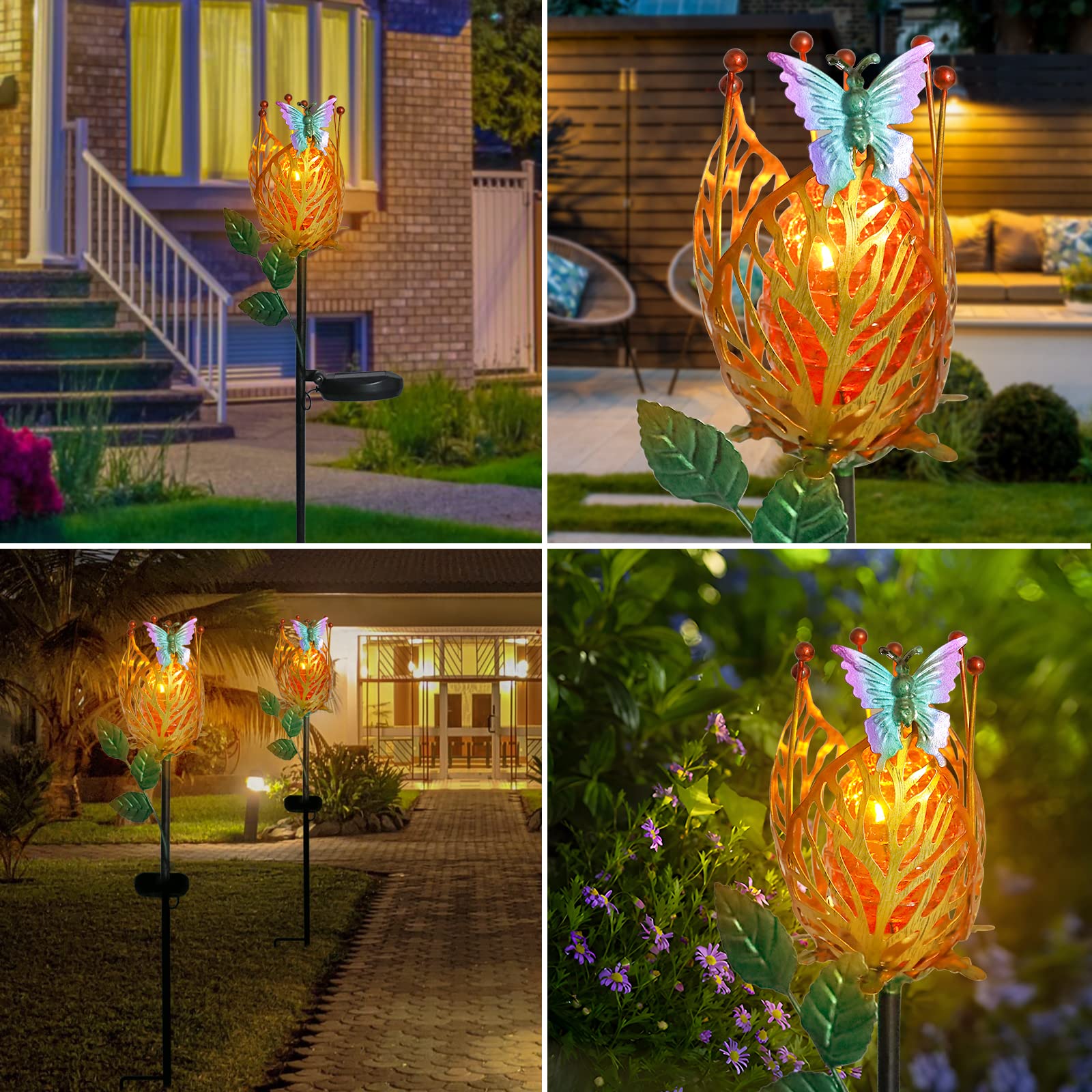 Solar Garden Lights Outdoor Decorative - Flower Solar Garden Stake Lights with Butterfly Landscape Path Lights Waterproof Solar Pathway Lights for Garden, Lawn, Patio, Yard Decorative(Yellow)
