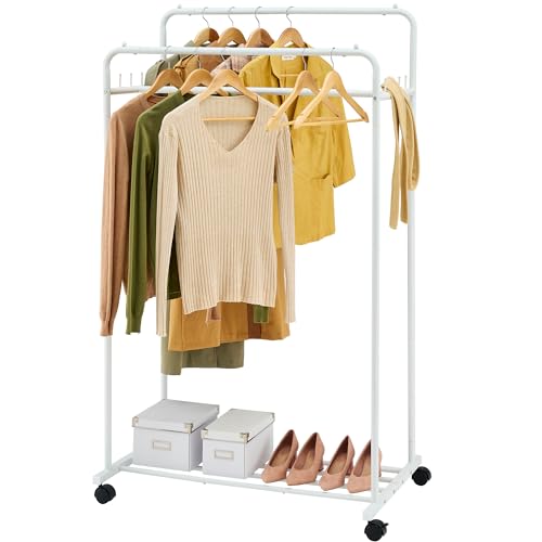 Hoctieon Double Rod Clothes Rack, 2 IN 1 Clothing Rack with Shelves and Wheels for Easy Mobility, Multi-functional Bedroom Garment Rack with 8 Hooks, White