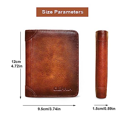 Ciephia RFID Blocking Trifold Genuine Leather Wallets for Men, Vintage Short Multi Function Credit Card Holder,Money Clips with 2 ID Windows Give Gifts to Men (Brown)