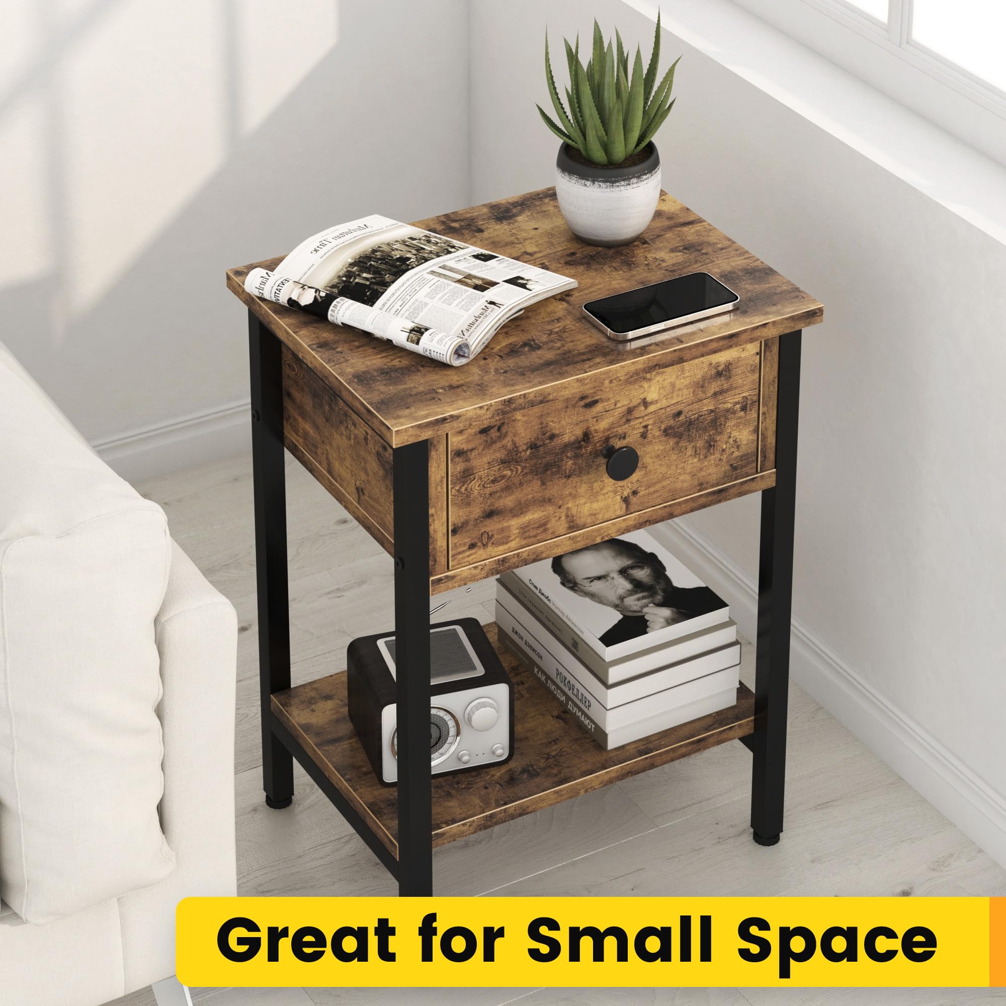 Night Stand Set of 2, Bedside Table with Drawers, Modern End Side Table with Storage Shelves, Versatile Nightstands for Bedroom Living Room Sofa Couch, Wood Metal Bedroom Furniture, Rustic Brown