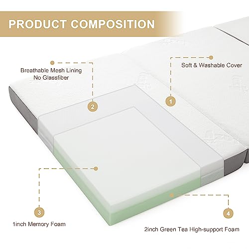 Lazyzizi Foldable Mattress, 3 Inch Memory Foam Trifold Mattress with Breathable & Washable Bamboo Fiber Fabric Cover, Folding Floor Mattress Guest Bed for Camping, Road Trip, Twin