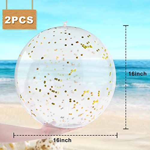 AMOR PRESENT 2PCS Inflatable Beach Balls, Glitter Beach Ball 16 Inch Clear Inflatable Ball with Gold Confetti for Kids Birthday Summer Pool Party