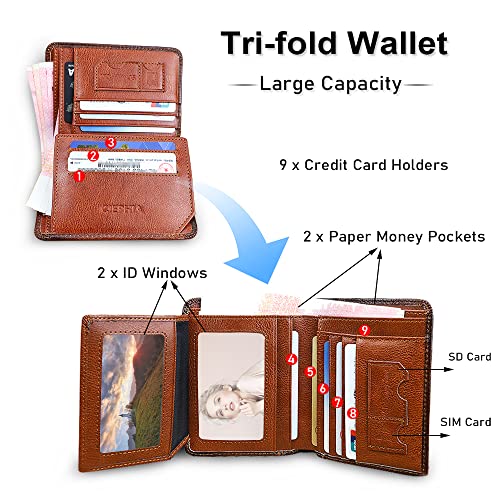 Ciephia RFID Blocking Trifold Genuine Leather Wallets for Men, Vintage Short Multi Function Credit Card Holder,Money Clips with 2 ID Windows Give Gifts to Men (Brown)