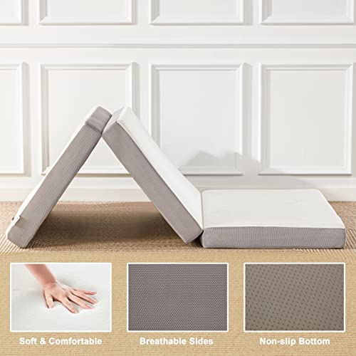 Lazyzizi Foldable Mattress, 3 Inch Memory Foam Trifold Mattress with Breathable & Washable Bamboo Fiber Fabric Cover, Folding Floor Mattress Guest Bed for Camping, Road Trip, Twin