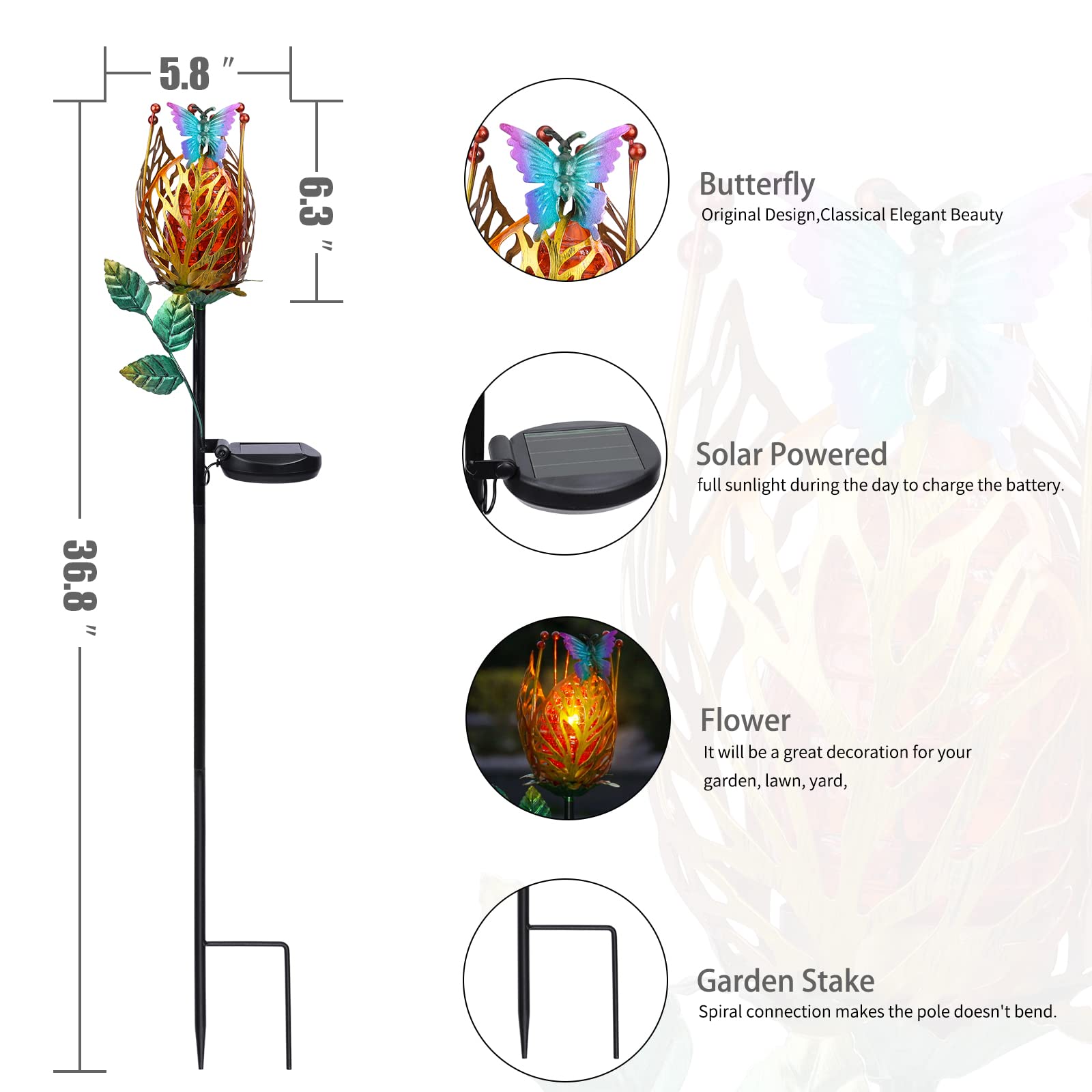 Solar Garden Lights Outdoor Decorative - Flower Solar Garden Stake Lights with Butterfly Landscape Path Lights Waterproof Solar Pathway Lights for Garden, Lawn, Patio, Yard Decorative(Yellow)